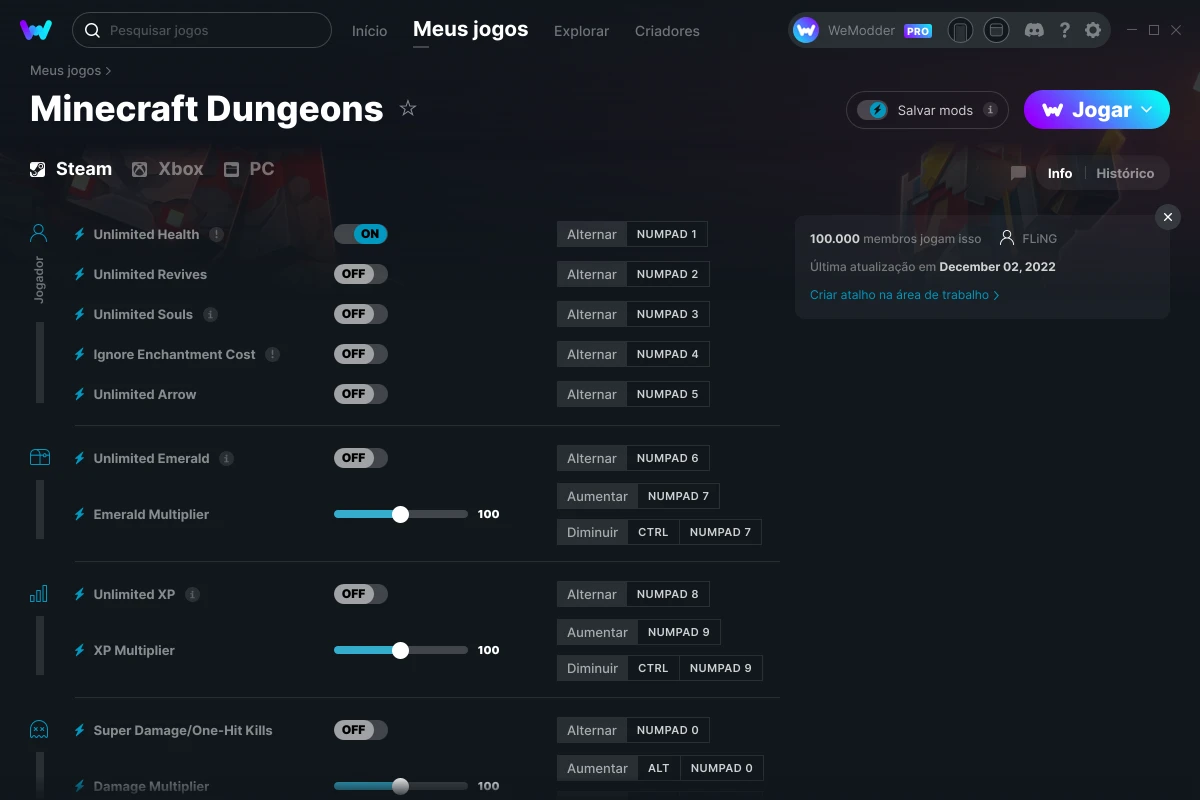 Cheats e Trainers para Minecraft Dungeons no PC - WeMod