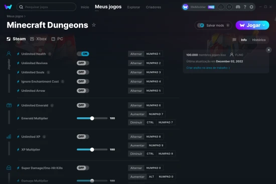 Cheats e Trainers para Minecraft Dungeons no PC - WeMod