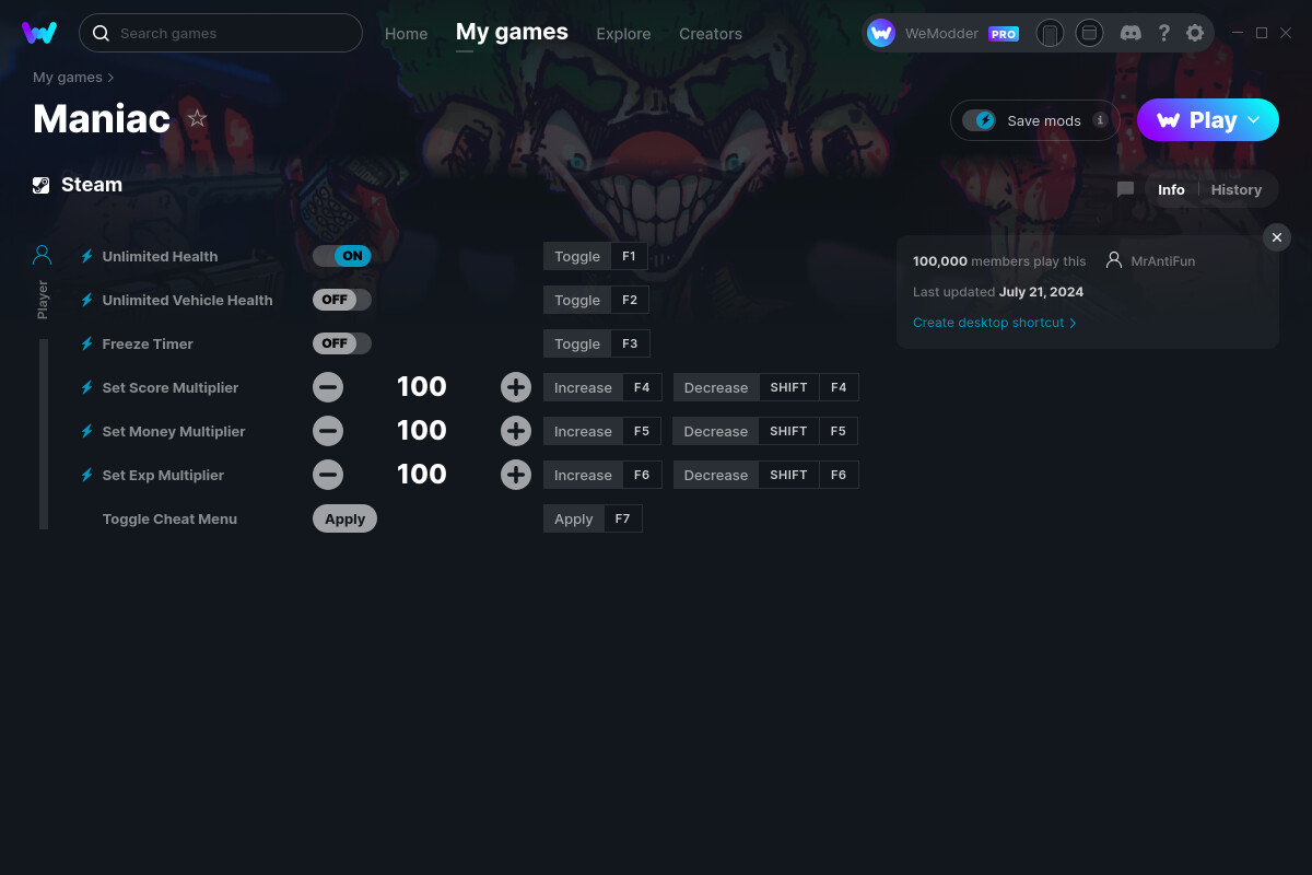 Maniac Cheats and Trainer for Steam - Trainers - WeMod Community